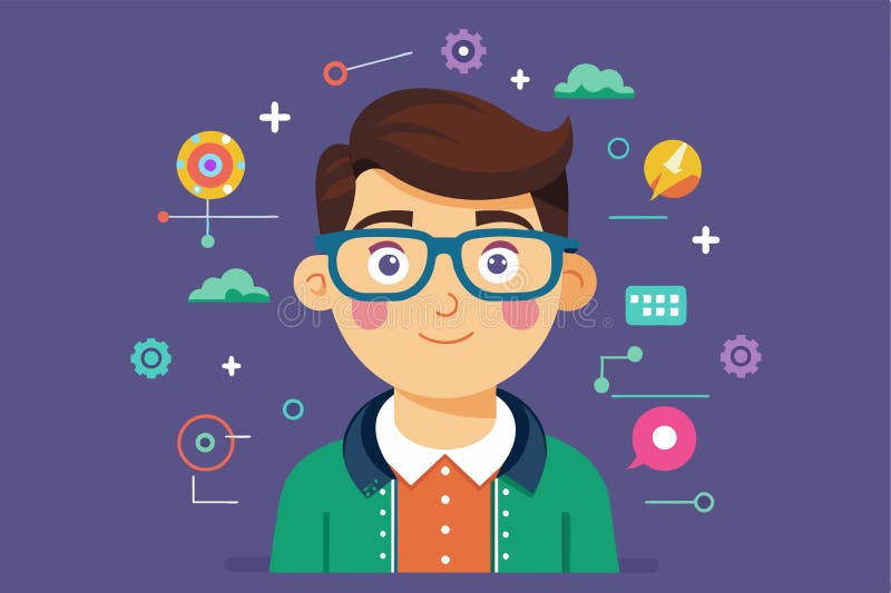 An Illustration of a Smiling Nerd Boy with Glasses Surrounded by ...