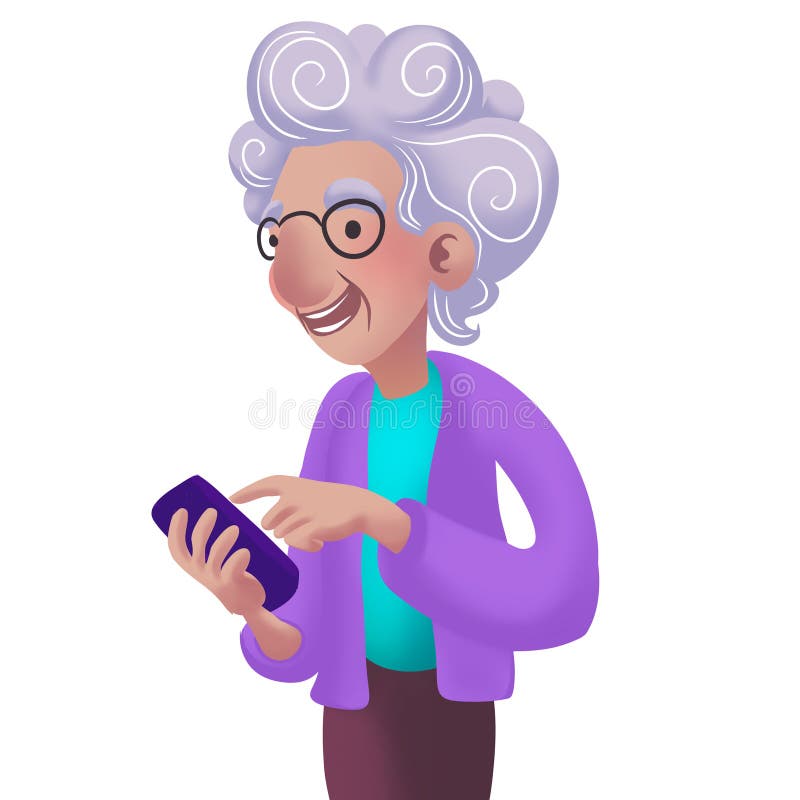 Illustration of a Smiling Old Woman with a Smartphone Stock ...