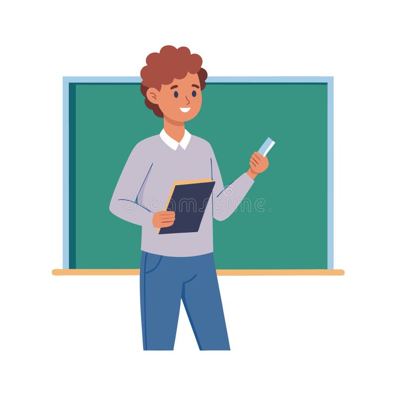 Smiling Teacher Stands in Front of a Green Chalkboard Holding Chalk and ...