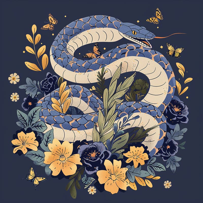 Illustration of a Snake with Flowers and Butterflies in the Background ...