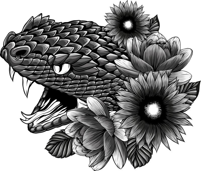 Monochromatic Illustration of Snake Head with Flower Stock Vector ...