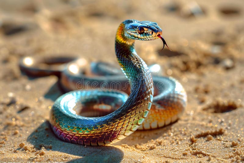 A Snake on a Sandy Surface with a Ruffled Tail, High Quality, High ...