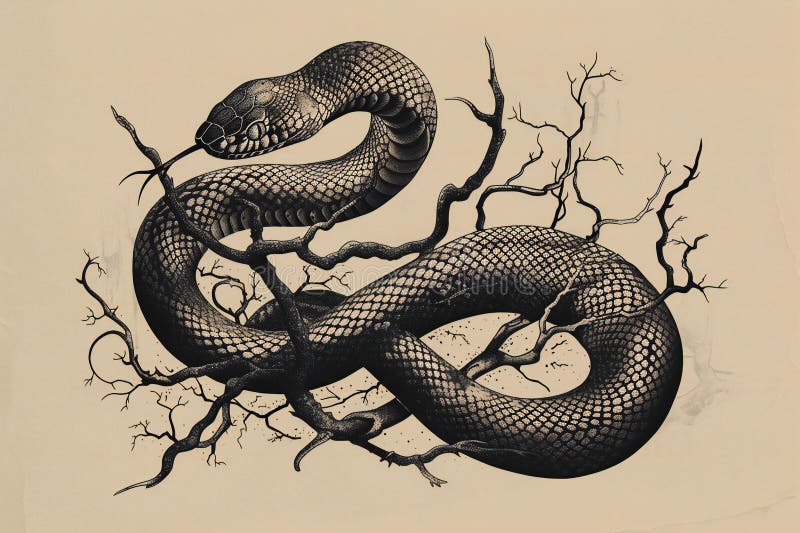 Illustration of a Snake on a Tree Branch, Engraving Style Stock ...
