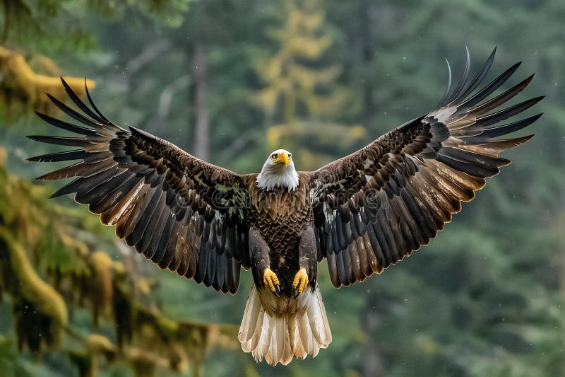 Snapshot Depicting an Bald Eagle in Flight Over the Forest, High ...