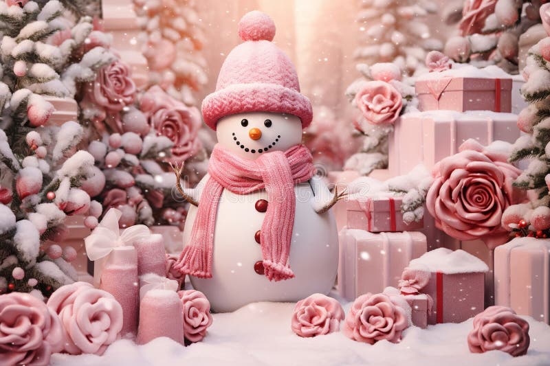 Illustration of Snowman Wearing a Pink Hat and a Pink Scarf, Generative ...