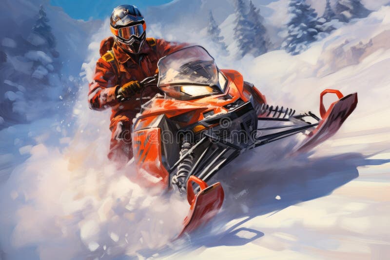 Illustration of a Snowmobile Rider on the Background of Mountains, AI ...