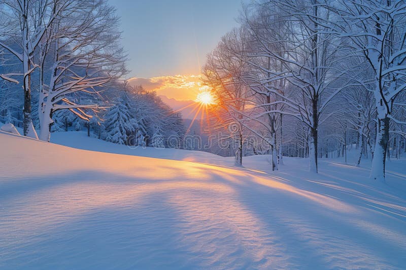 Illustration of Snowy Forest with a Beautiful Sunrise, High Quality ...