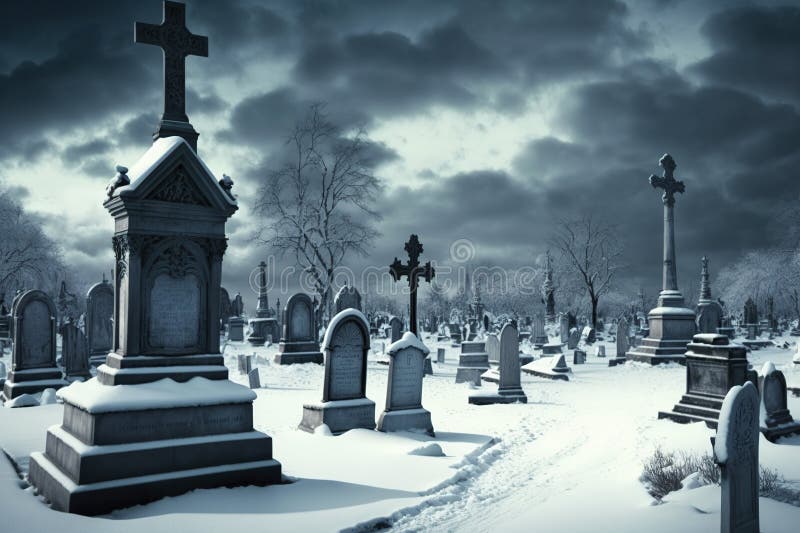 Illustration, Snowy Graveyard in Winter, Dramatic Sky Background, Ai ...