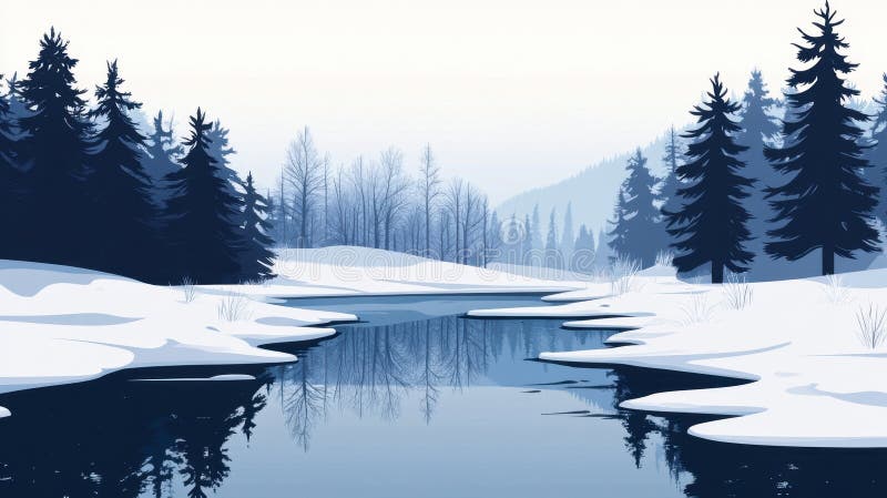 Illustration of a Snowy River Reflecting Frost-covered Trees Stock ...