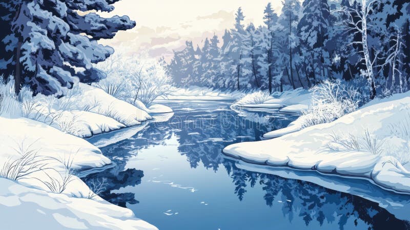 Illustration of a Snowy River Reflecting Frost-covered Trees Stock ...