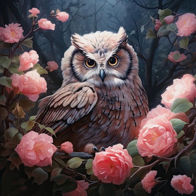 Illustration of a Soft Cute Owl on a Rose Branch Stock Photo - Image of ...