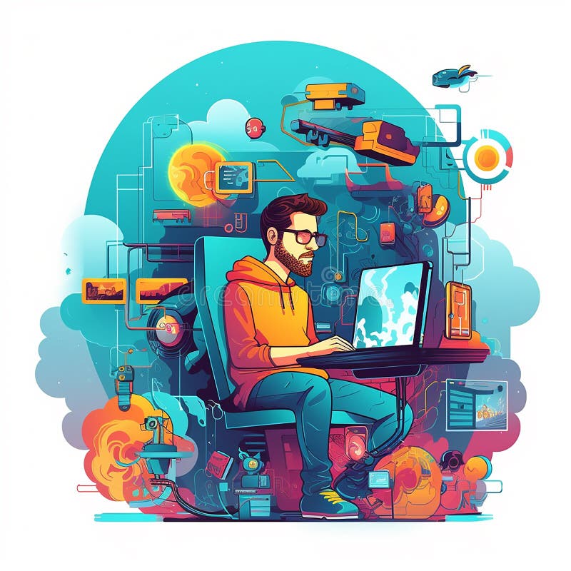 Illustration of Software Development, 3d Web Programming Art, Programmer Sitting with Laptop ...