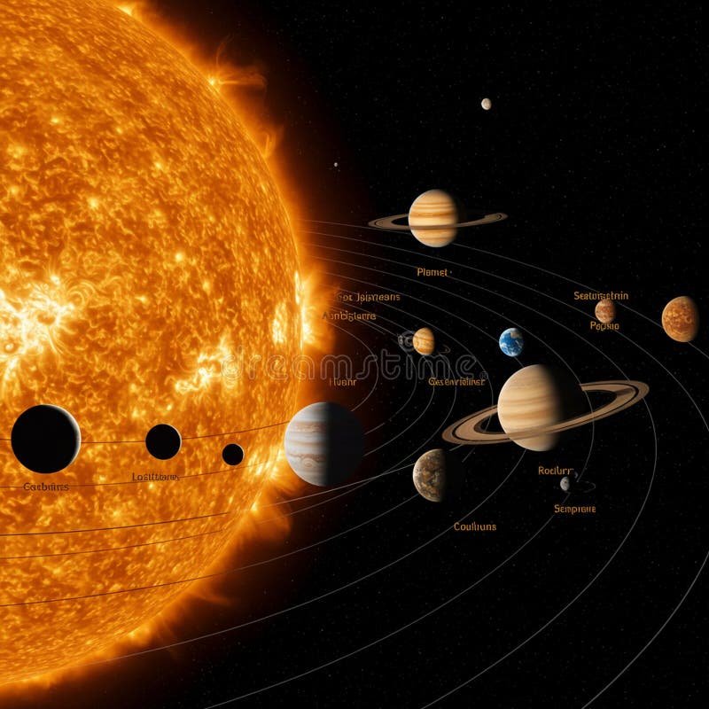 Illustration of a Solar System with Various Planets Orbiting a Large ...
