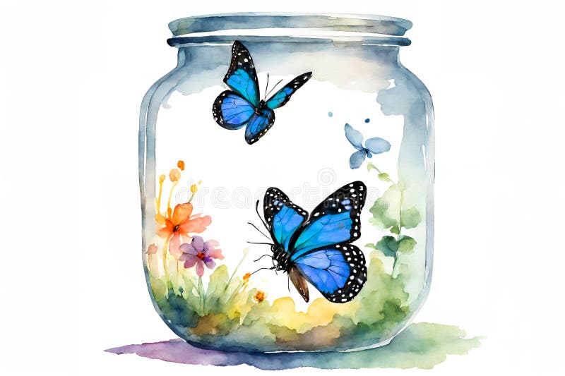 Illustration of Some Butterflies and Flowers on a Transparent Glass Jar ...