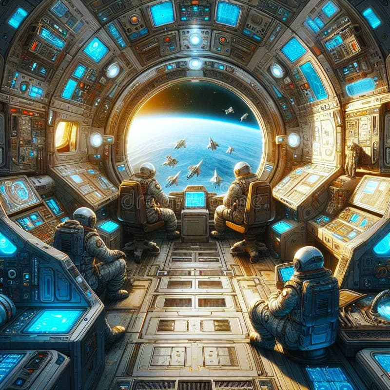 Spaceship Interior with Astronauts in Spacesuits Inside. Stock ...