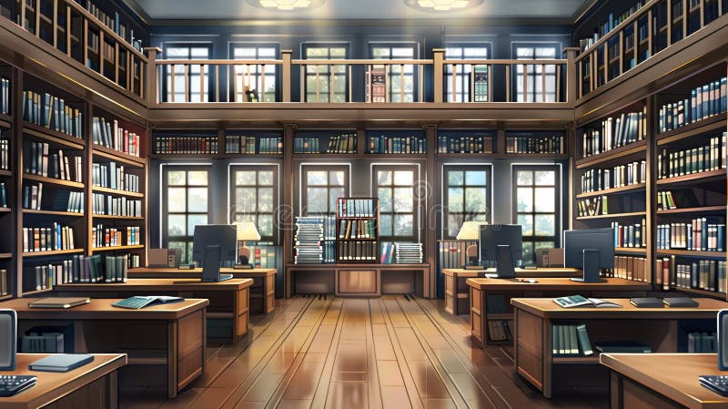 An Illustration of a Spacious Student Library with Large Bookshelves ...