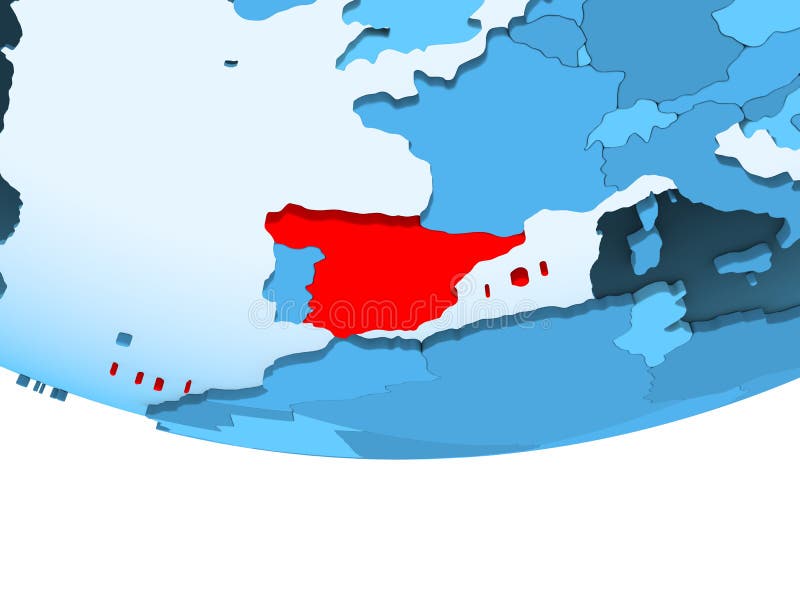 Spain in red on blue map stock illustration. Illustration of ...