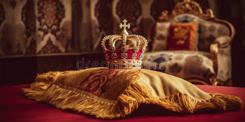 Illustration of Spanish Royal Crown on Pillow on Pillow with Throne in ...