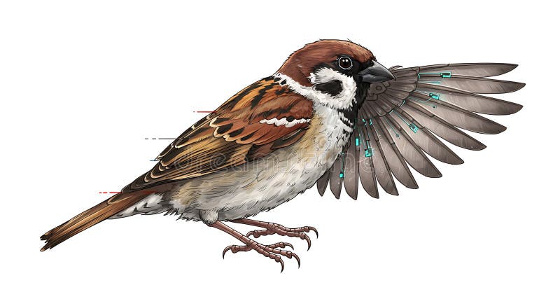 Illustration of a Sparrow with Its Right Wing Extended. the Bird Has ...