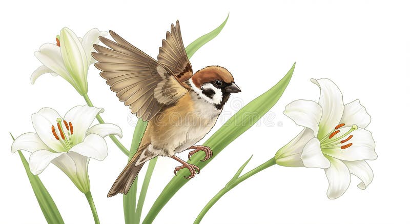 Illustration of a Sparrow in Mid-flight among Three White Lilies. the ...