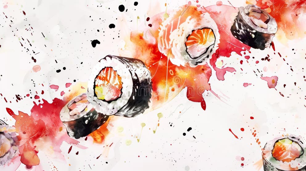 Illustration of Spinning Sushi Rolls in a Dynamic Watercolor Technique ...