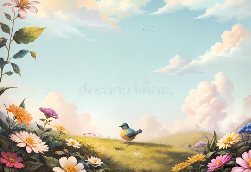 Illustration Spring Flower and Bird Landscape with Copy Space Ai ...