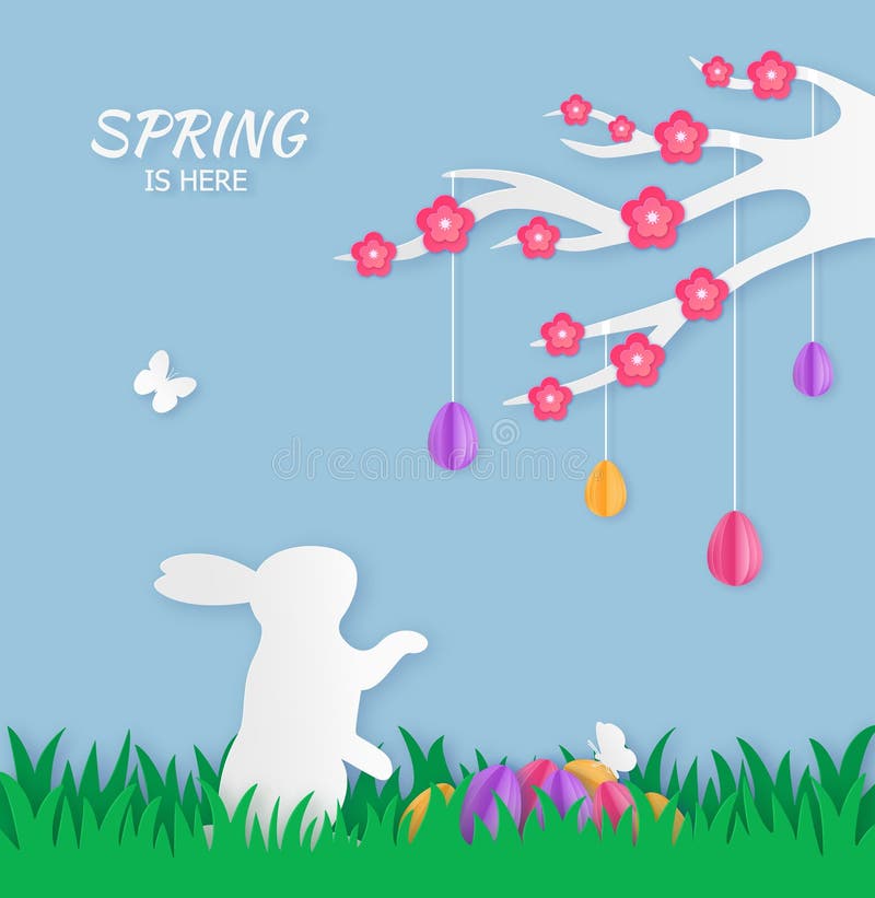 Illustration of Spring in Paper Cut Style. Vector with Rabbit and ...