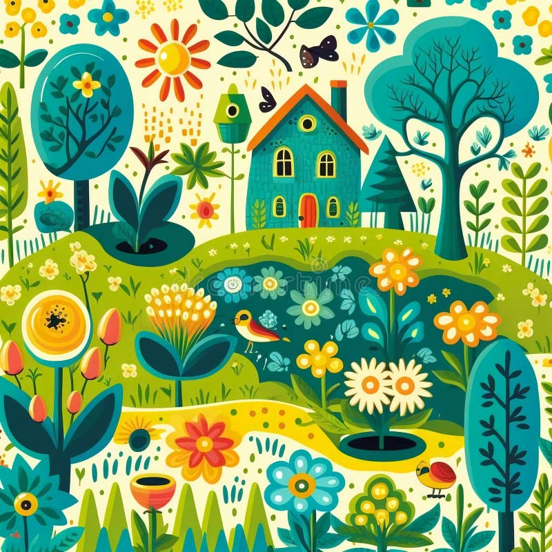 Illustration of Spring Pattern with Bloom Flowers and Trees Stock ...