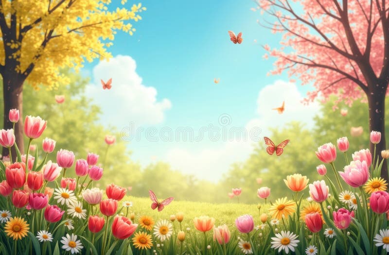 Illustration of a Spring Scene with Trees and Flower Stock Illustration ...