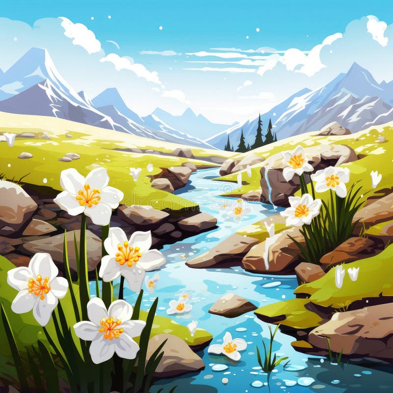 Illustration of a Spring Stream with Flowers on the Background of ...