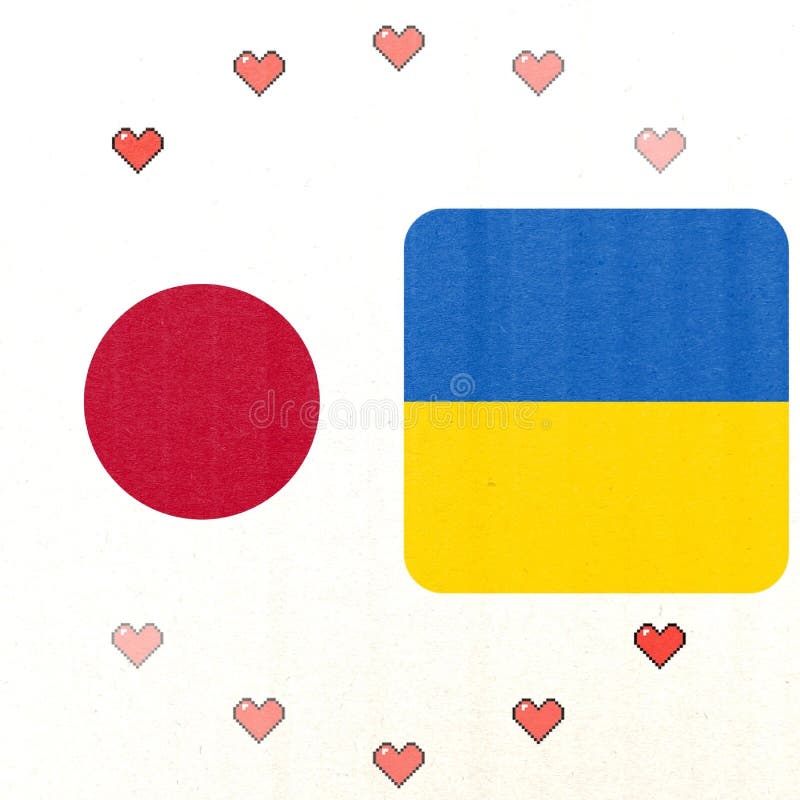 Illustration of Square Ukraine and Japan Flags with Red Hearts Floating ...
