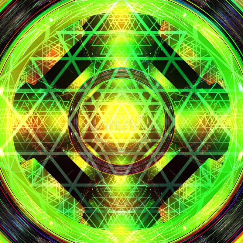 Illustration of a Sri Yantra Pattern with Neon Lights Against a Dark ...