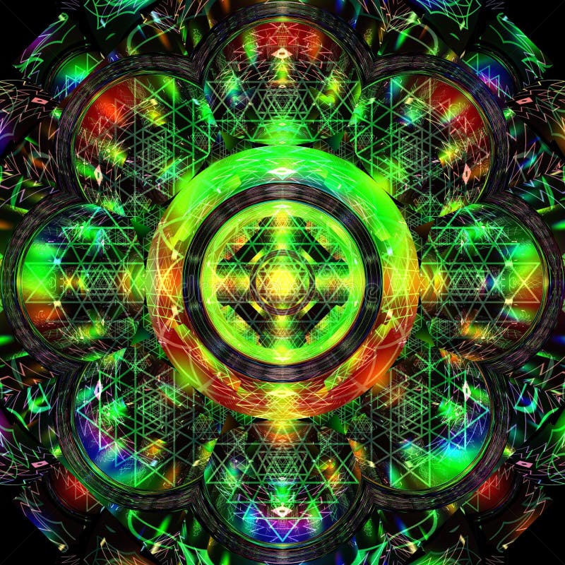 Illustration of a Sri Yantra Pattern with Neon Lights Against a Dark ...