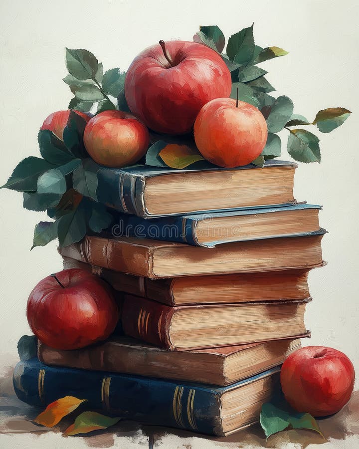 Illustration Stack of Books with Apples, Symbol of Knowledge and ...