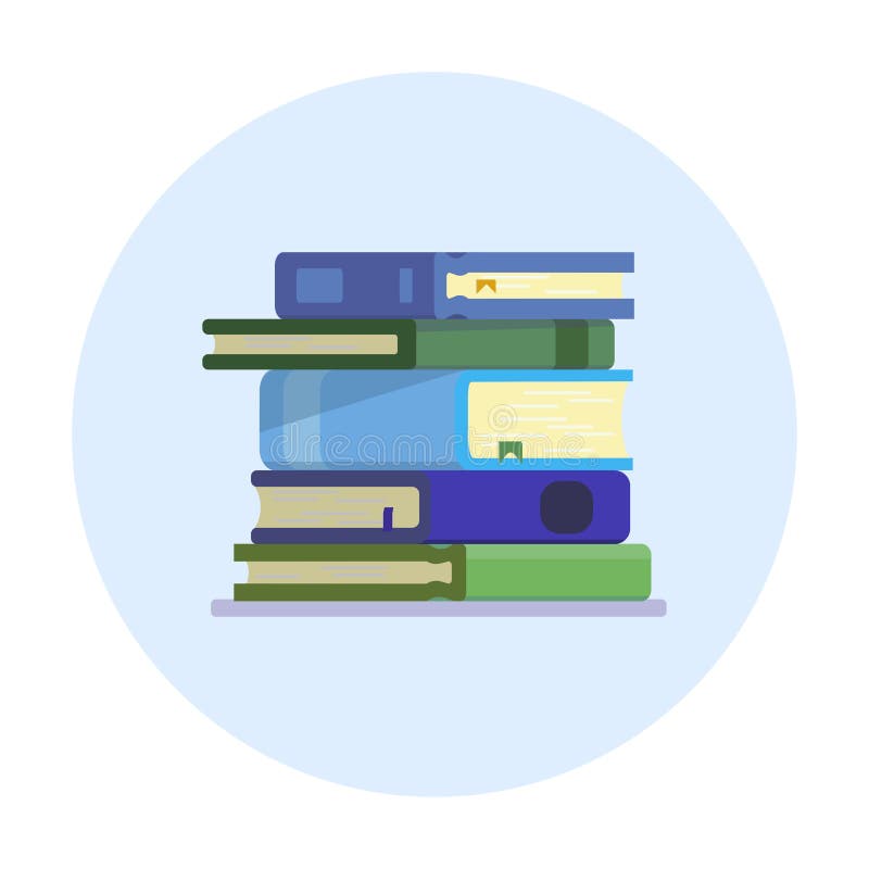 Illustration of a Stack of Books in Blue Circle. Blue and Green Books ...
