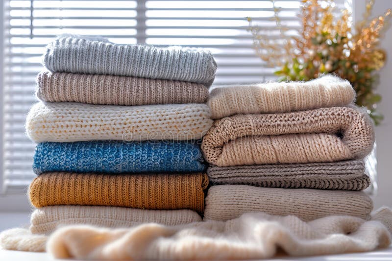 Illustration of Stack of Clean Folded Cozy Knitted Sweaters on Window ...
