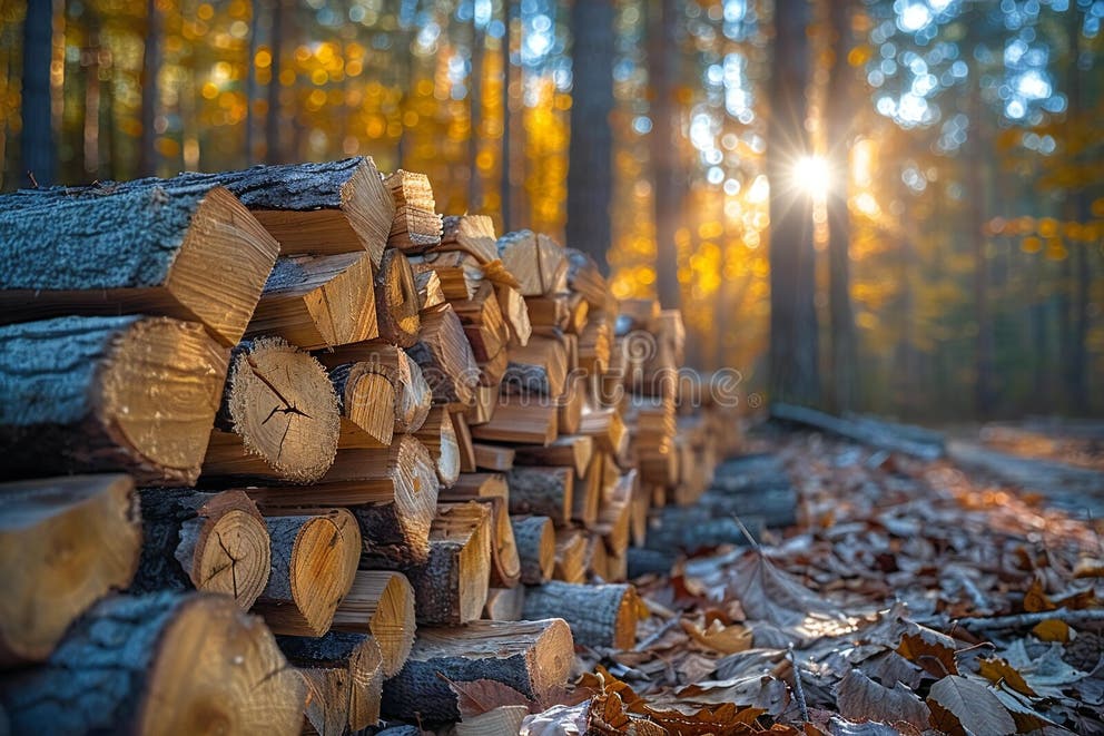 A Stack of Cut Wood in the Foreground with an Open Forest and Sunlit ...
