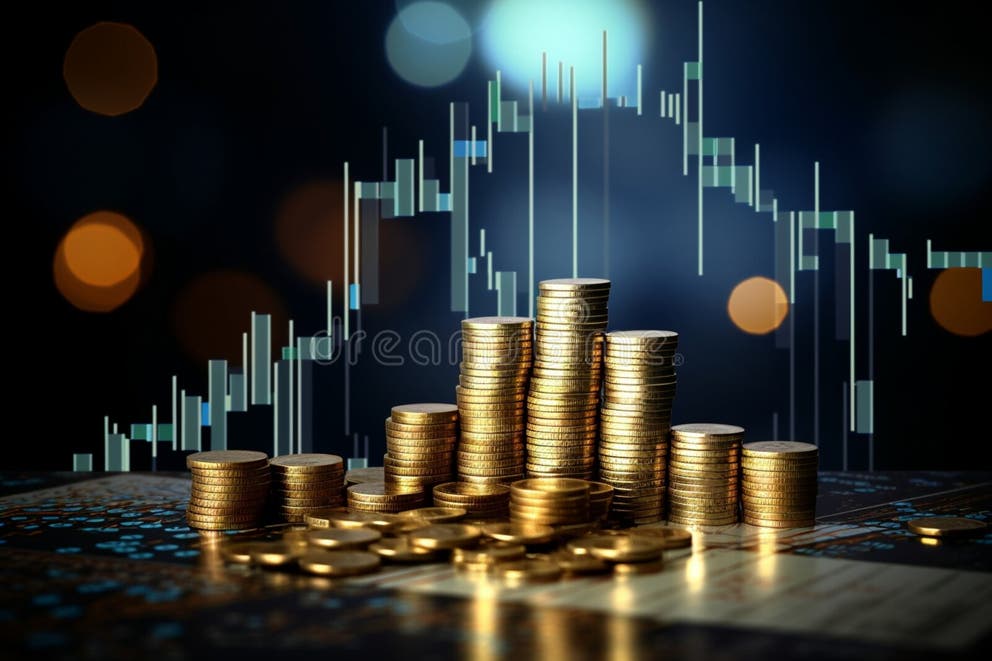 A Stack of Gold Stack of Gold Coins on a Directional Graph Stock ...
