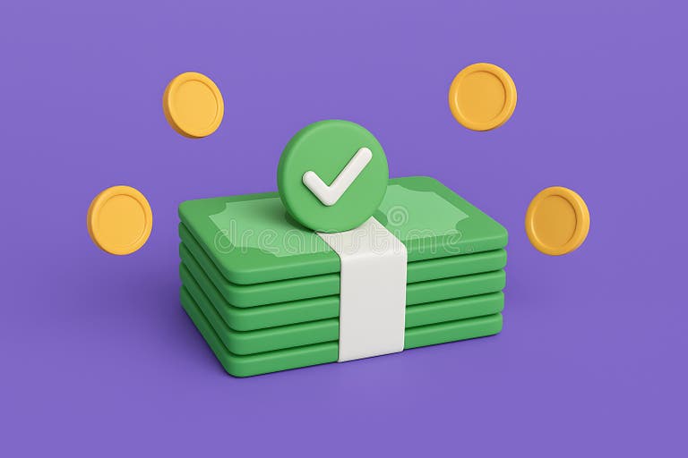 Illustration of a Stack of Money with a Check Mark and Coins Arranged ...