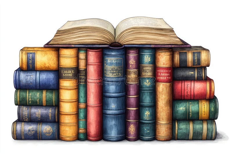 Illustration of a Stack of Old Books with an Open Book on Top Stock ...