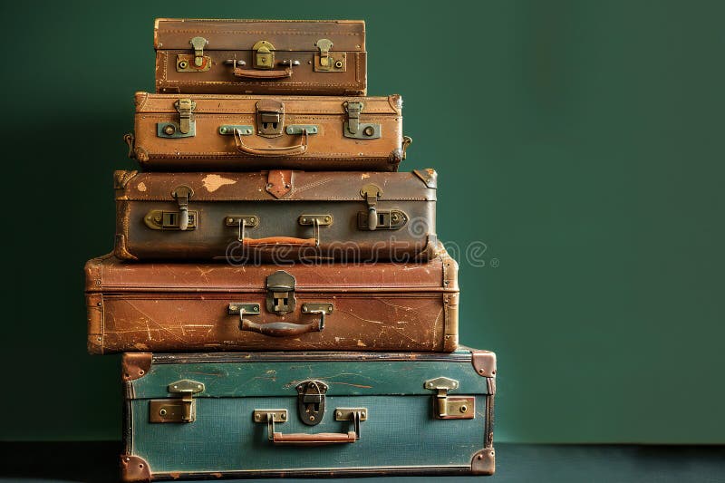 Illustration of Stack of Vintage Suitcases on Dark Green Background ...