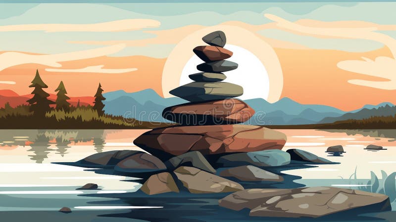 An Illustration of Stacked Rocks on a Rock Pile in the Water AI ...