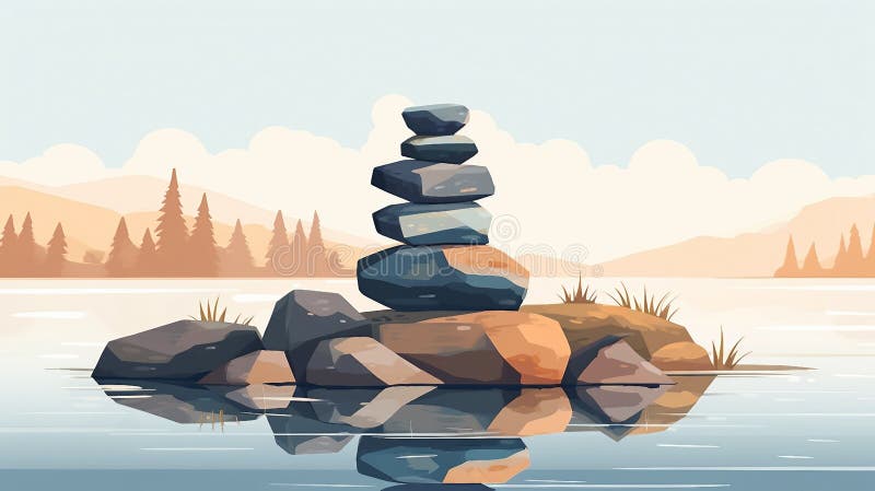 An Illustration of Stacked Rocks on a Rock Pile in the Water at Sunset ...