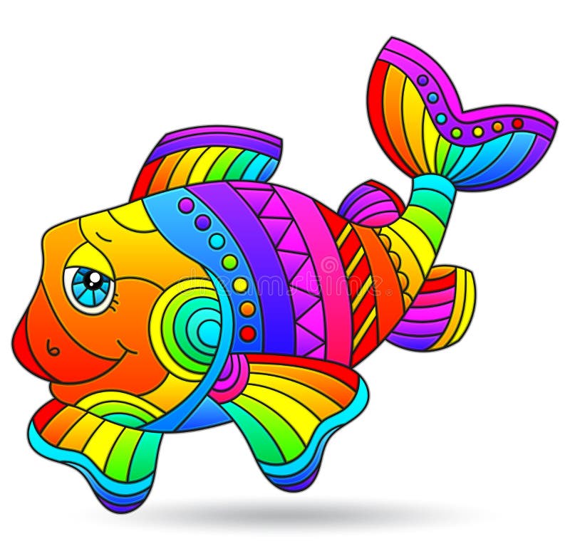 Stained Glass Illustration with Element, a Bright Cartoon Fish Isolated ...