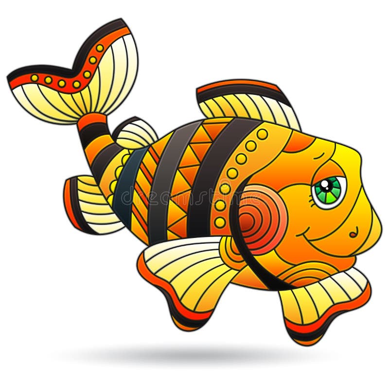 Stained Glass Illustration with a Bright Cartoon Fish Isolated on a ...