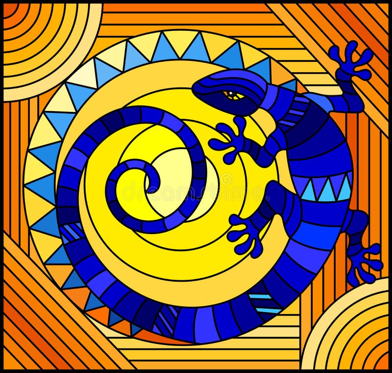 Stained Glass Illustration with Abstract Blue Lizard on Orange ...