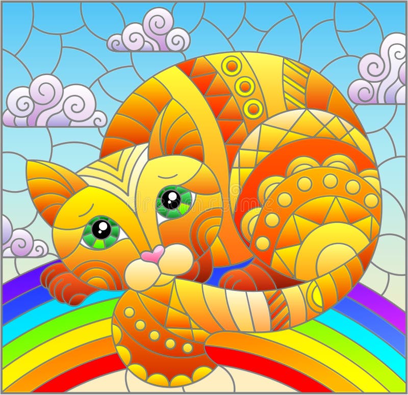 Stained Glass Illustration with Abstract Cute Red Cat on a Sky ...