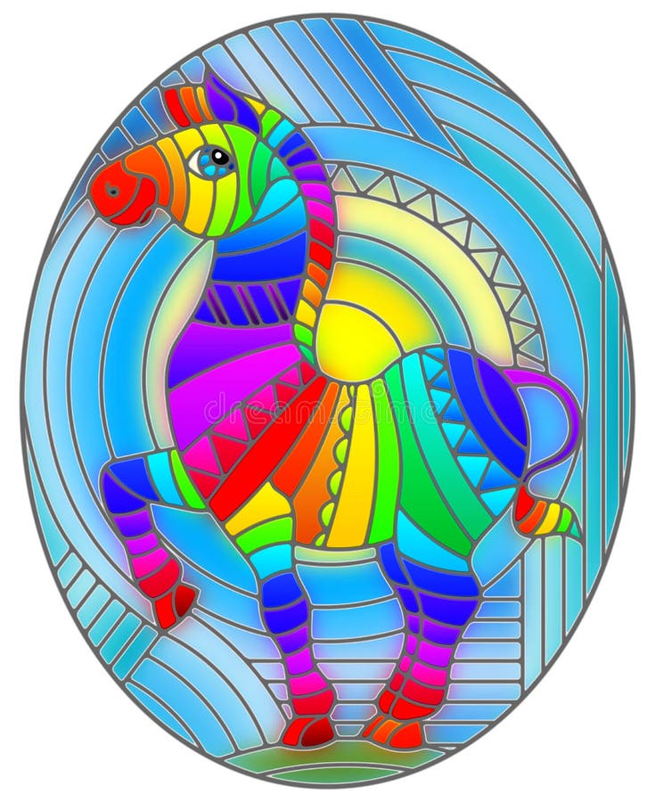 Stained Glass Illustration with Abstract Geometric Rainbow Zebra, Oval ...