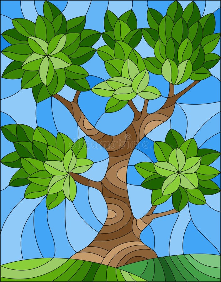 Stained Glass Illustration with Abstract Green Tree on Sky Background ...