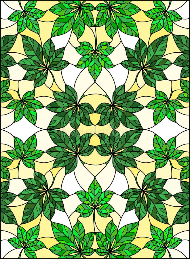 Stained Glass Illustration with Abstract Leaf Pattern, Green Leaves on ...